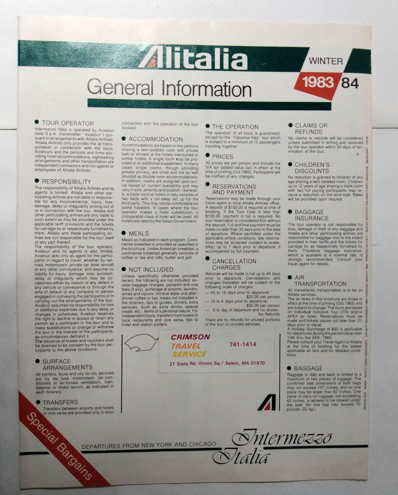 Alitalia Airlines Winter 1983-84 Italy Loves You Tour Brochure – TulipStuff