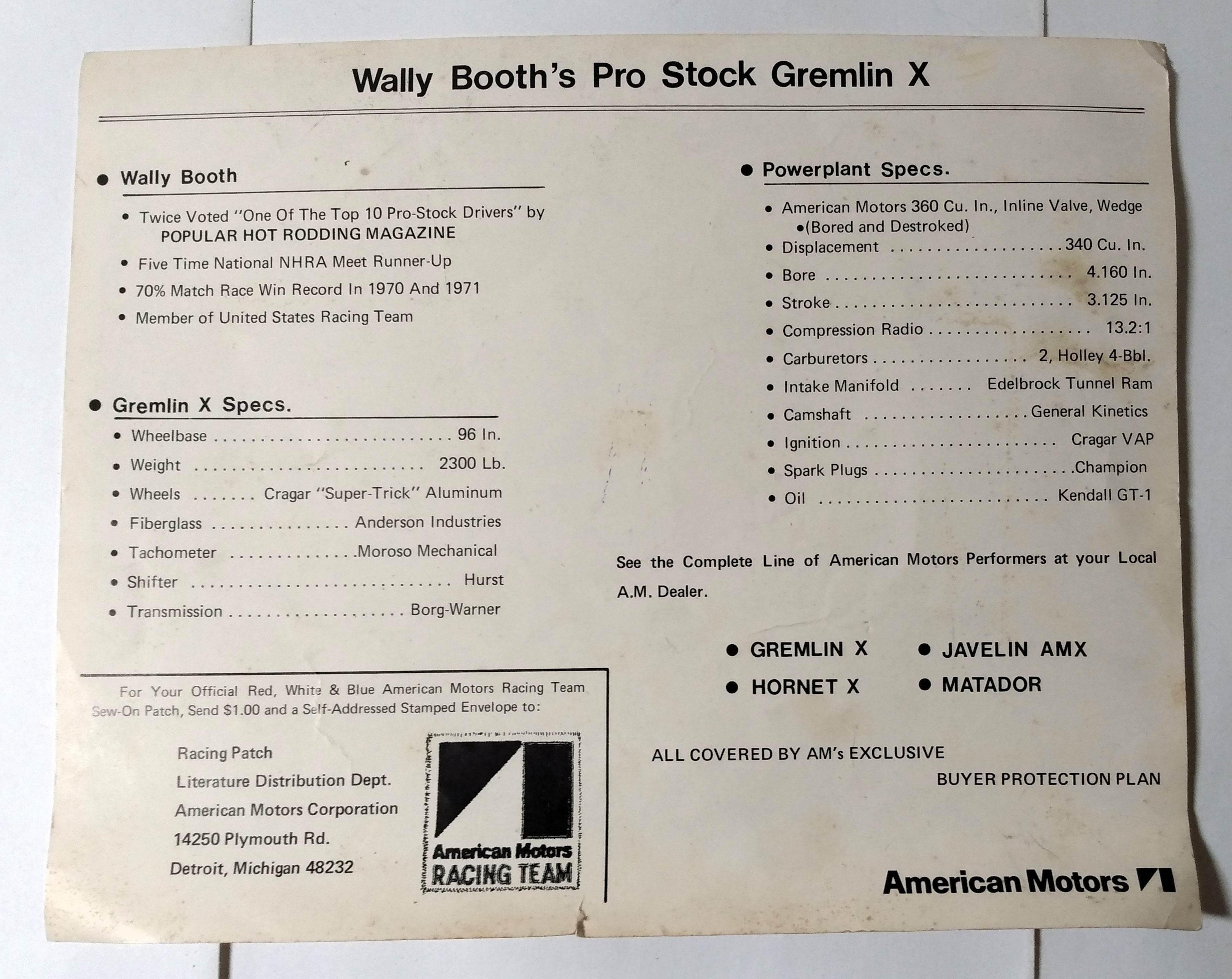AMC American Motors Racing Team Wally Booth Pro Stock Gremlin X 1971 ...