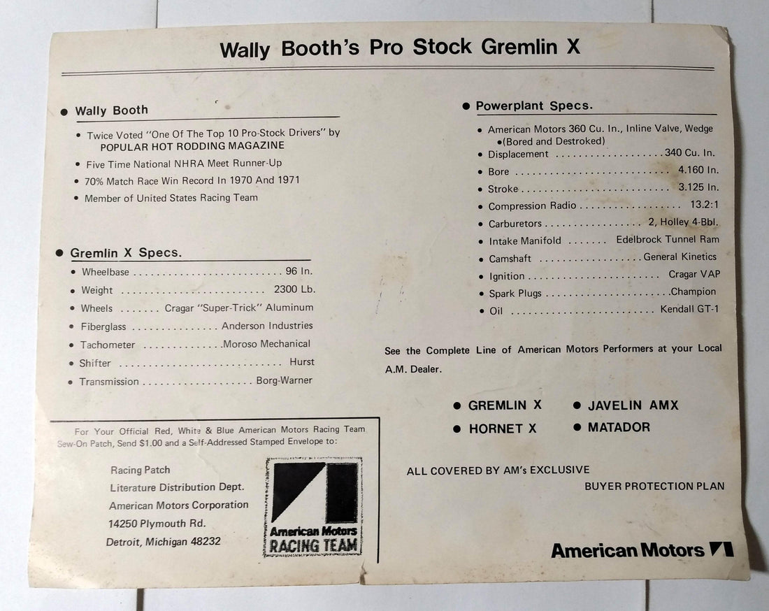 AMC American Motors Racing Team Wally Booth Pro Stock Gremlin X 1971 ...
