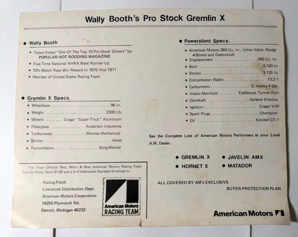 AMC American Motors Racing Team Wally Booth Pro Stock Gremlin X 1971 ...