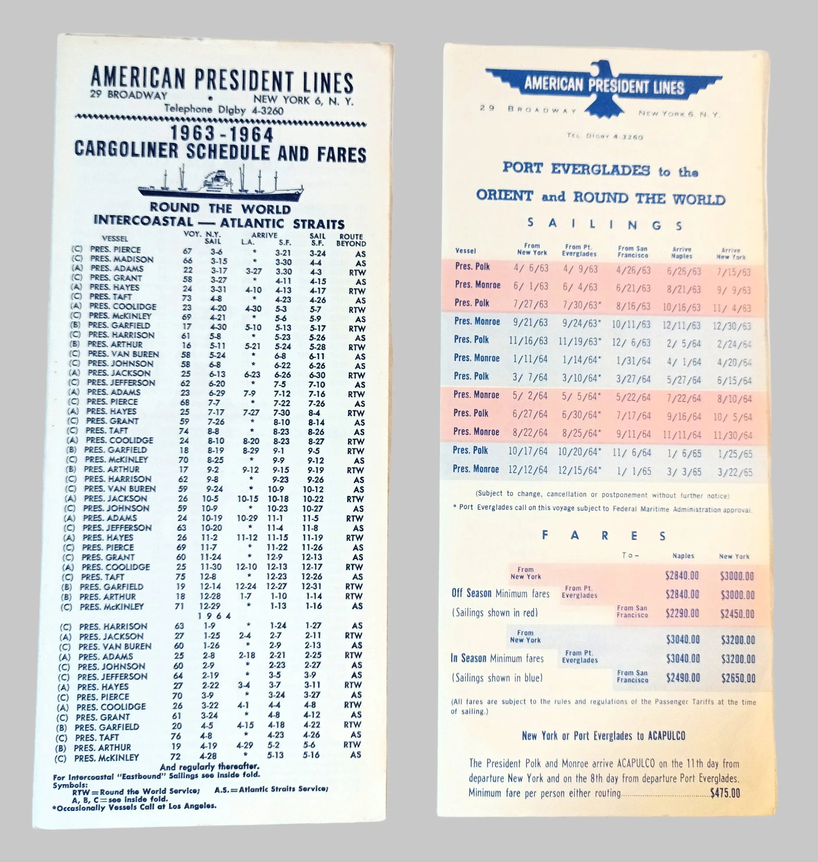 American President Lines Cargoliner Schedules Fares Brochures 1963-65 ...