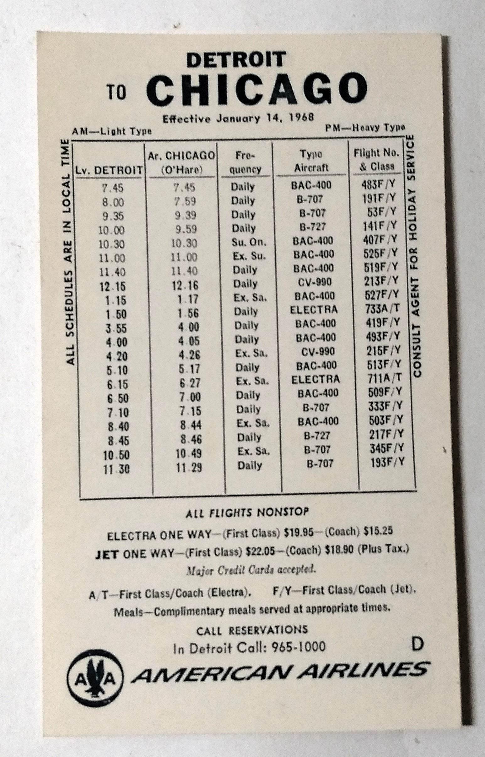 American Airlines 1968 Chicago Detroit Flight Schedule Card – TulipStuff