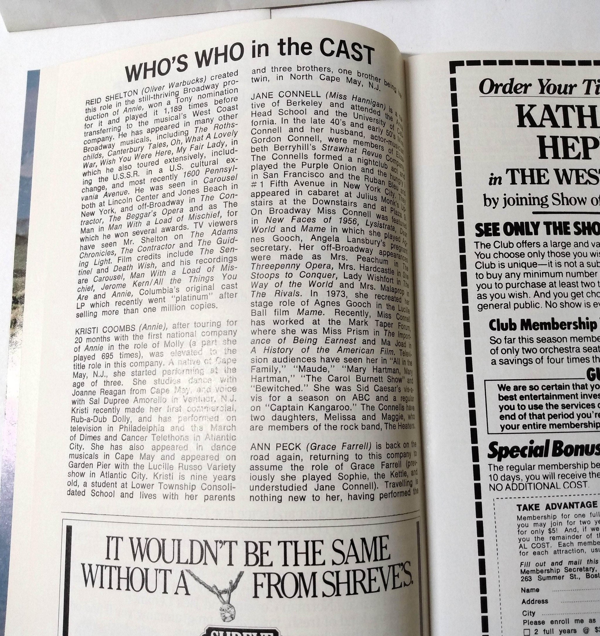 Annie Playbill Shubert Theatre Boston March 1982 Kristi Coombs Reid Sh ...