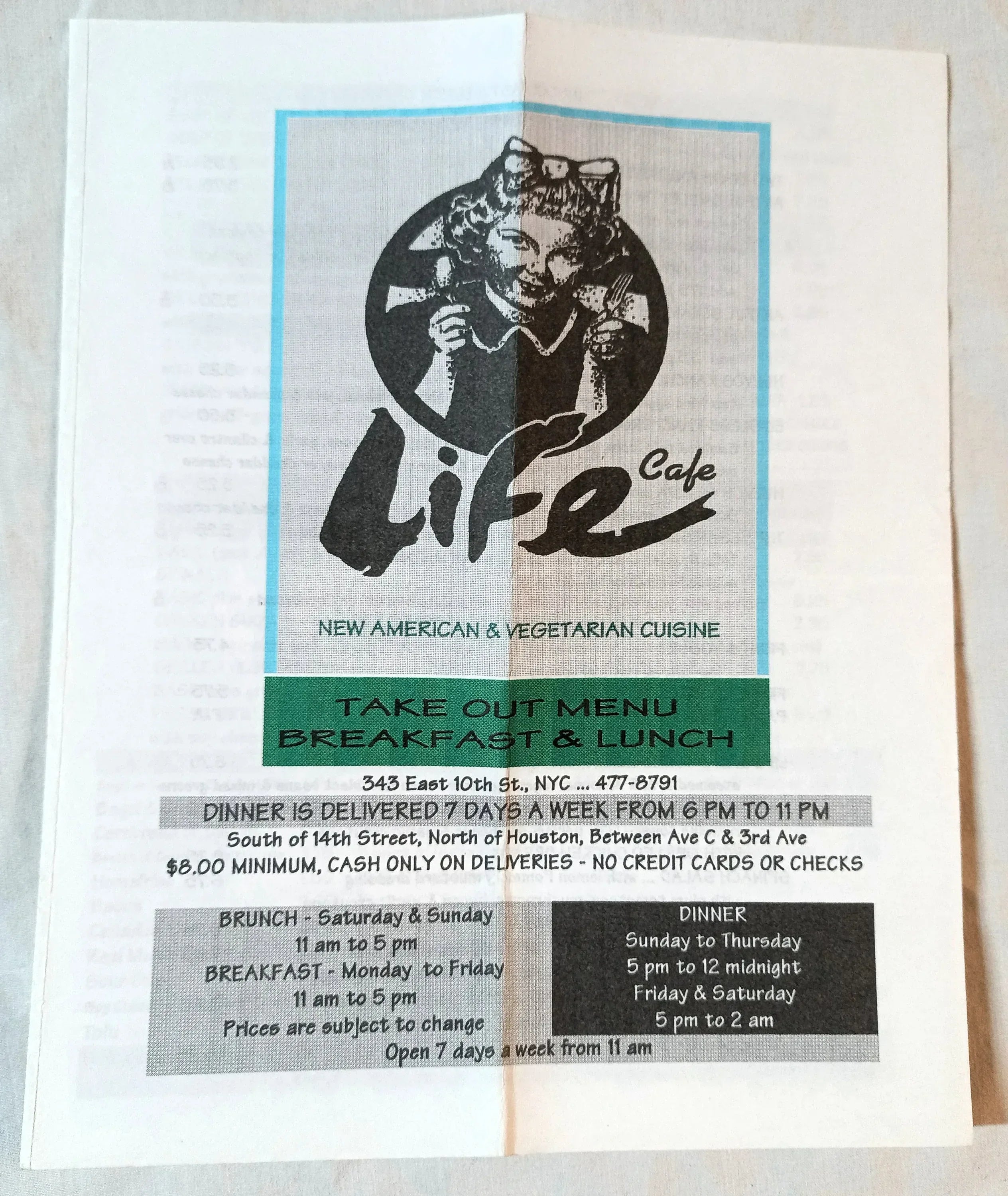 Life Cafe Ave B 10th St East Village NYC Restaurant Takeout Menu 2002 ...