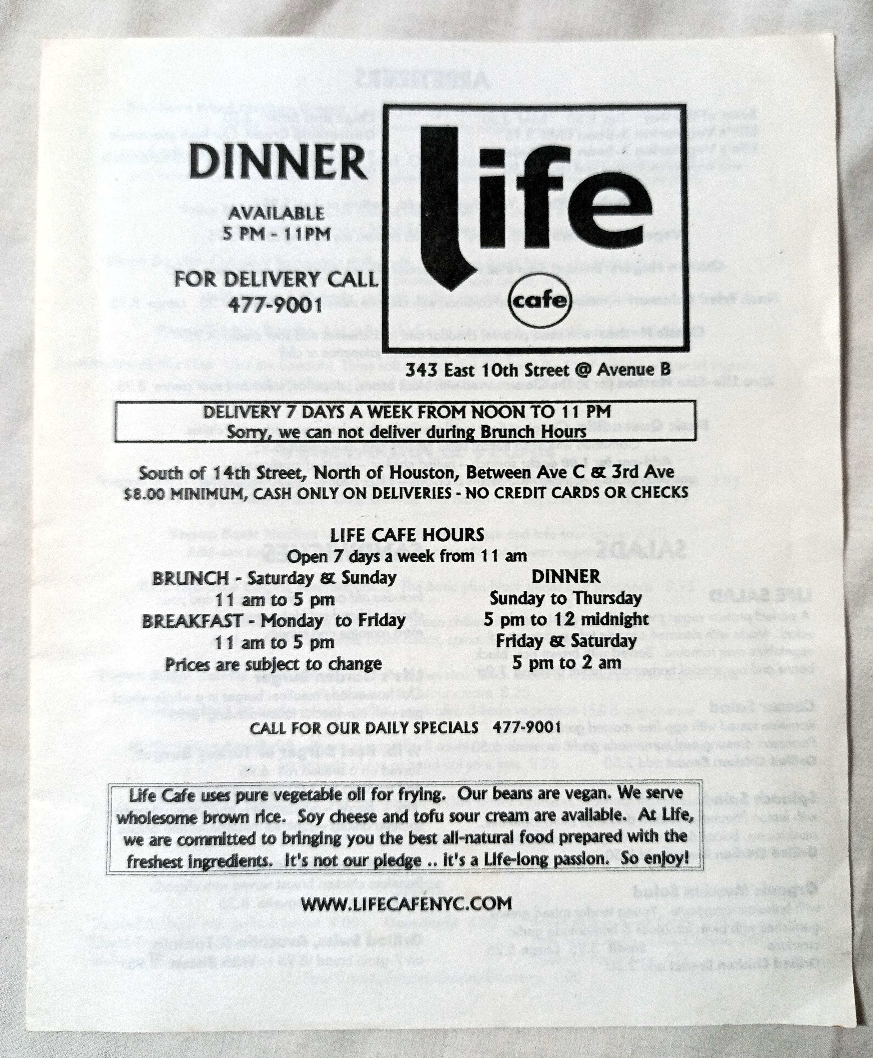 Life Cafe Ave B 10th St East Village NYC Restaurant Takeout Menu 2000 ...