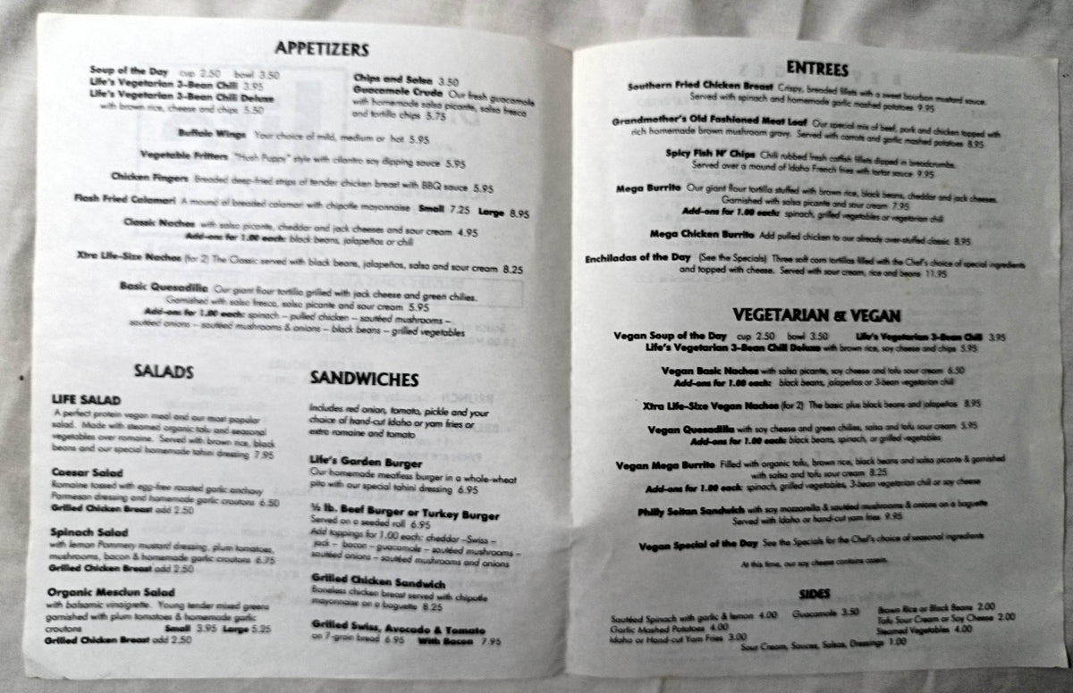 Life Cafe Ave B 10th St East Village NYC Restaurant Takeout Menu 2000 ...