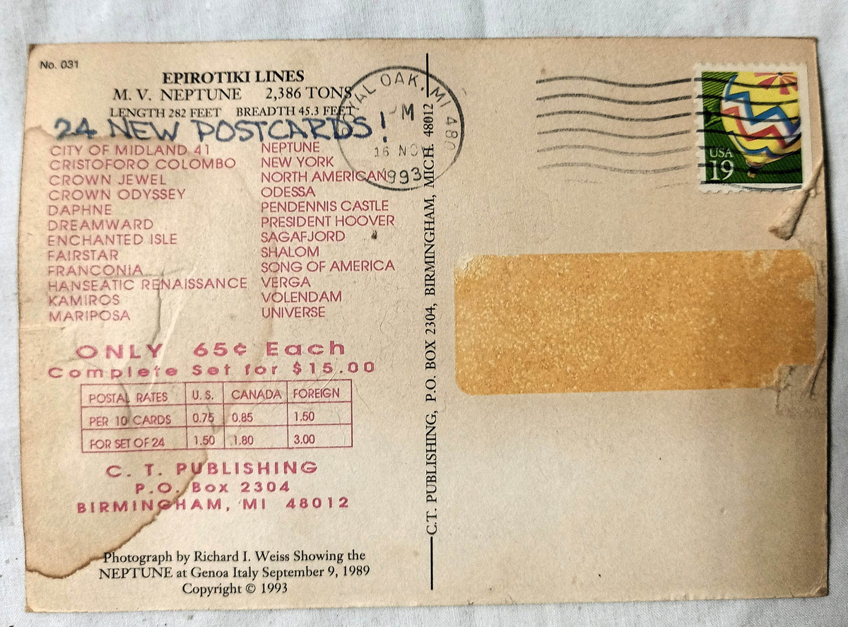 MV Neptune Epirotiki Lines At Genoa Italy in 1989 Postcard – TulipStuff