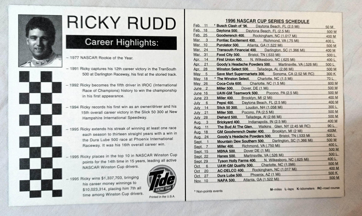 Ricky Rudd Tide Racing Team NASCAR 1996 Photo Card Handout 10X5.75 ...