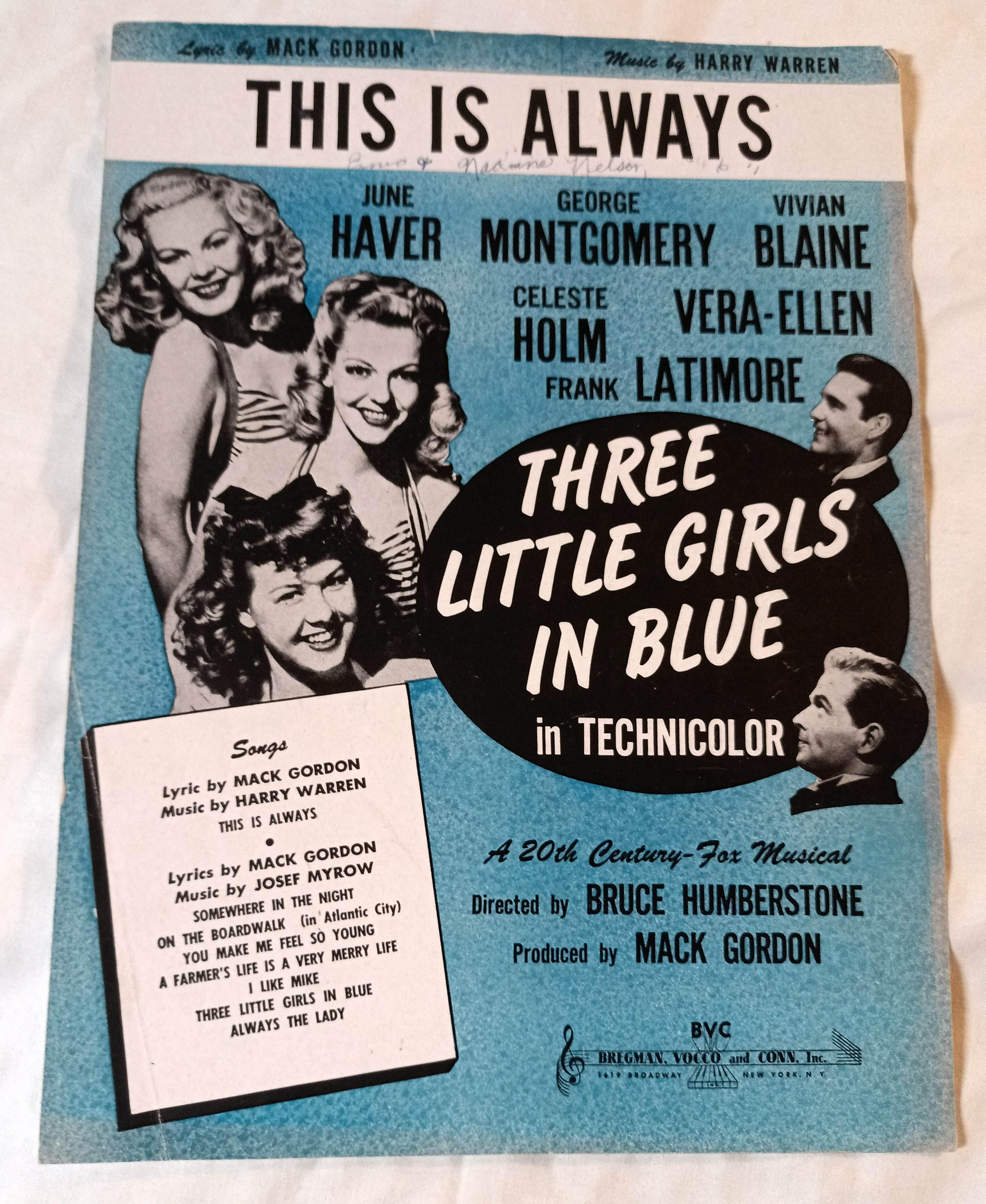 This Is Always Three Little Girls In Blue Sheet Music 1946 June Haver ...