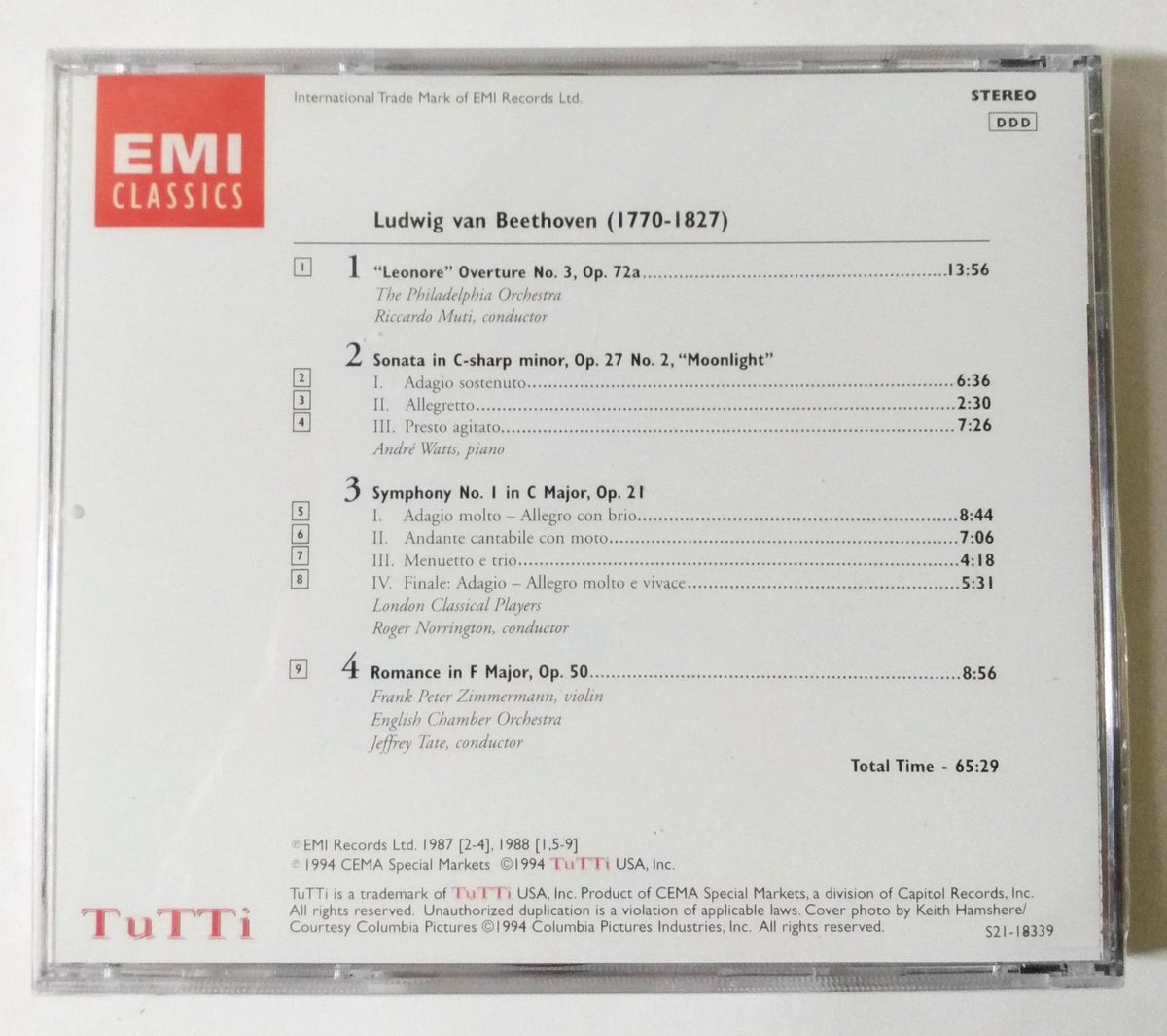 TuTTi Ludwig Van Beethoven Classical Album CD EMI Classics 1994 ...