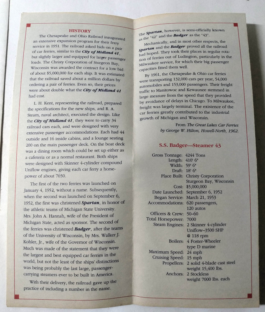 Lake Michigan Carferry ss Badger Welcome Aboard Brochure 1992 – TulipStuff