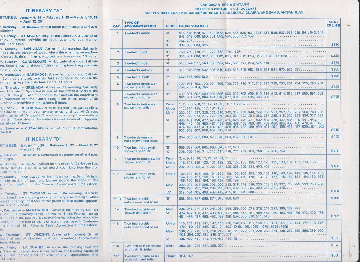 Chandris Lines SS Britanis 1975 Caribbean Hide-a-way Cruises Brochure ...