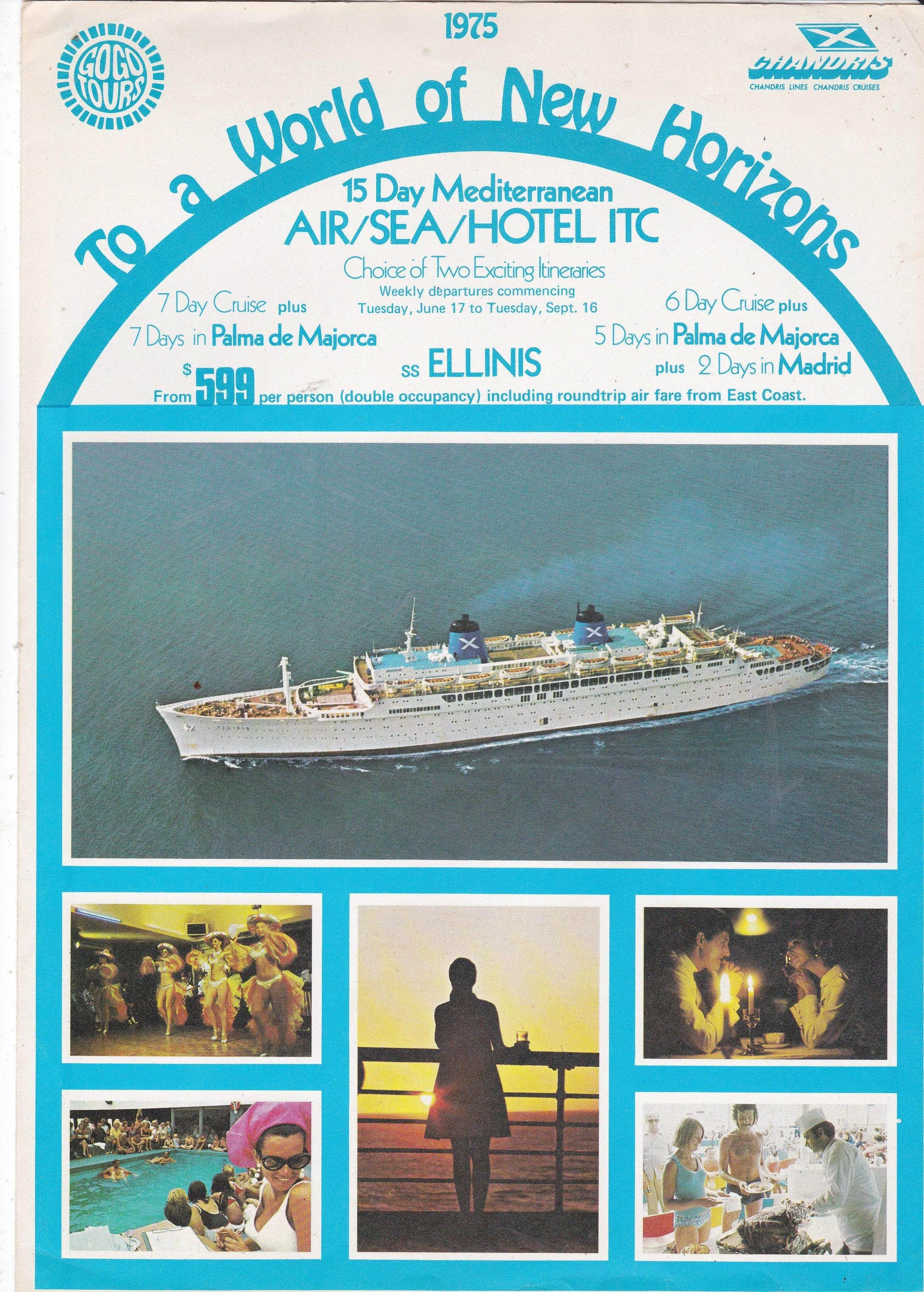 Chandris Lines SS Ellinis 1975 Air/Sea Mediterranean Cruise Brochure ...