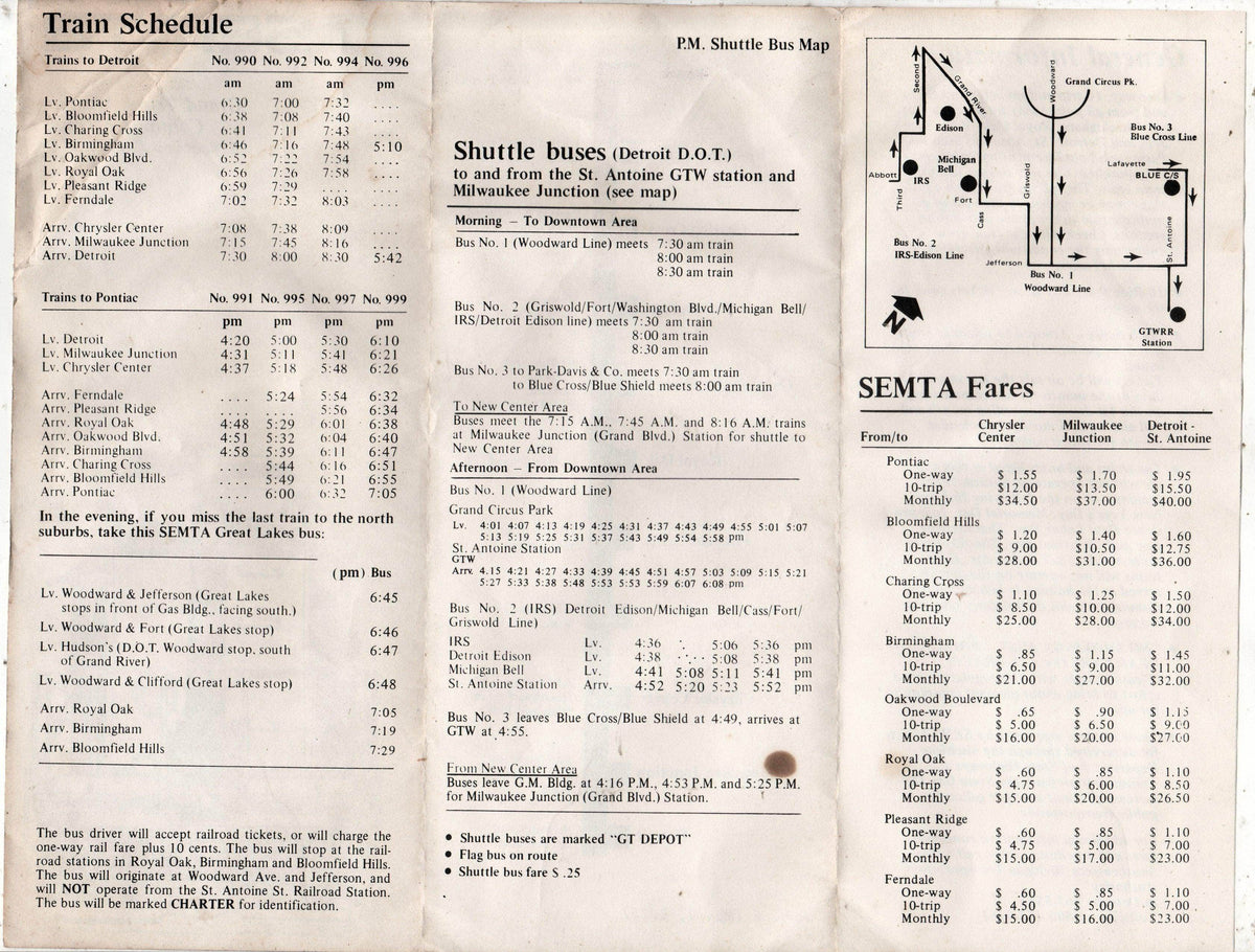 SEMTA Grand Trunk Commuter Trains Schedule Detroit Pontiac 1975 ...